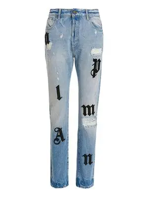 Palm Angels Logo Patch Straight Leg Jeans - Blue