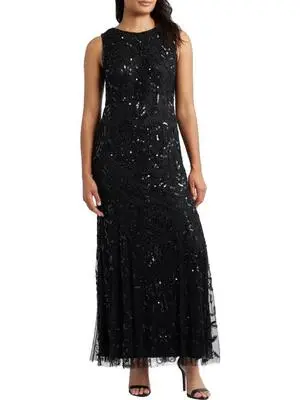 Pisarro Nights Beaded Sleeveless Gown - Black