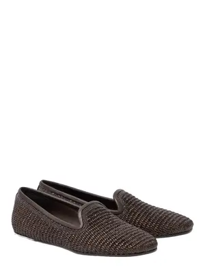 Brunello Cucinelli Leather-trimmed Raffia Slippers - Brown