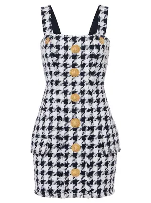 Balmain Houndstooth Tweed Mini Dress Black