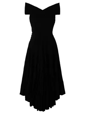 Alaïa Off-the-shoulder Asymmetric Ribbed Wool Midi Dress - Black