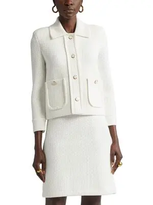 St. John Mixed Texture Knit Crop Jacket - Pearl