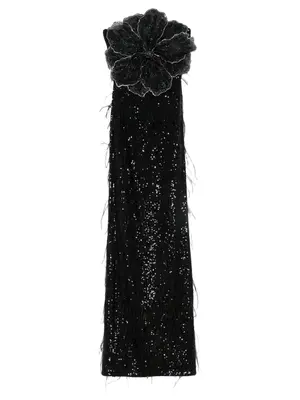 NISSA Floral-appliqué Sequined Maxi Dress - Black