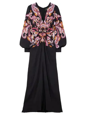 Etro Gathered Printed Crepe De Chine Maxi Dress - Black