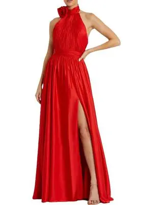 Mac Duggal Soft Tie Halter Neck High Slit Gown - Cherry