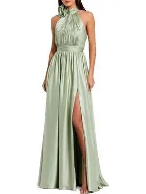 Mac Duggal Soft Tie Halter Neck High Slit Gown - Sage