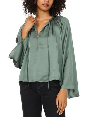 1.State Tie Neck Wide Sleeve Satin Top - Dark Forest