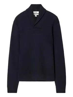 Cos Shawl-Collar Ribbed Merino Wool Sweater Navy
