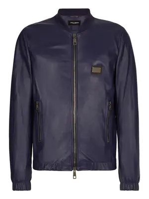 Dolce & Gabbana Leather Jacket With Logo Tag - Blue
