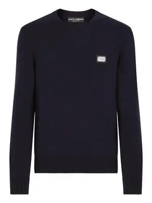 Dolce & Gabbana Wool Round-neck Sweater With Branded Tag - Blue