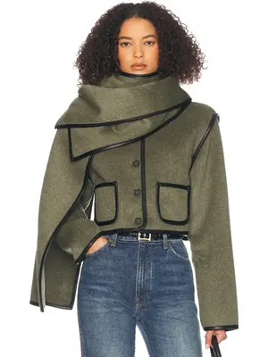 HELSA Boxy Jacket With Detachable Scarf - Olive Melange
