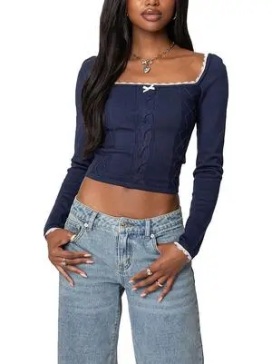 EDIKTED Ansley Lacey Cable Knit Top - Navy