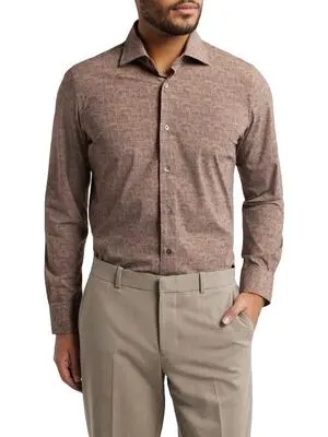 Zanella Jagged Heathered Herringbone Print Knit Nylon Blend Dress Shirt - Brown