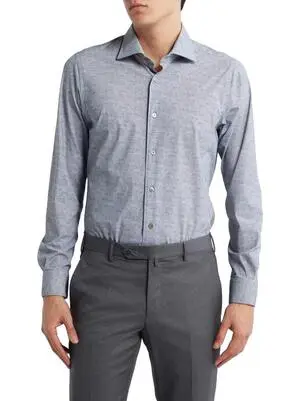 Zanella Jagged Heathered Herringbone Print Knit Nylon Blend Dress Shirt - Grey