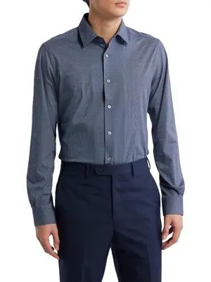 Zanella Bond Micropattern Knit Cotton Blend Dress Shirt - Navy