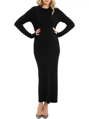 PIETRO BRUNELLI Long Sleeve Rib Midi Sweater Dress - Black