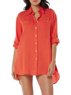 Helen Jon Camp Shirt Cover-up - Coral