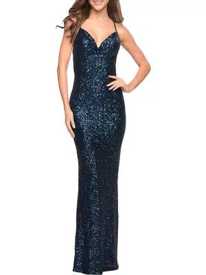 La Femme La Femme Soft Sequin Gown With Lace-Up Back Navy