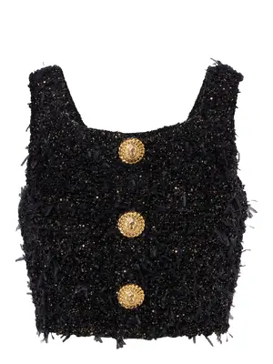 Balmain Lamé Tweed Crop Top - Black