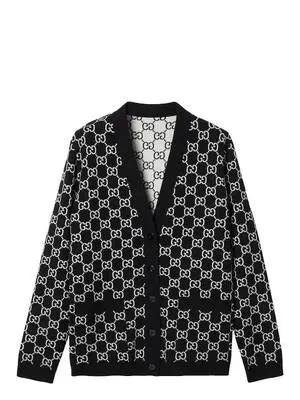 Gucci Reversible Gg Wool Jacquard Cardigan - Black