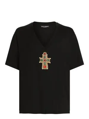 Dolce & Gabbana Cotton V-neck T-shirt With Patch - Black