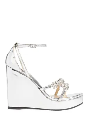 JIMMY CHOO Bing 120 Crystal-embellished Mirrored-leather Wedge Sandals - Silver
