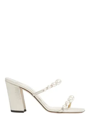 JIMMY CHOO Amara 85 Faux Pearl-embellished Metallic Suede Sandals - Platinum