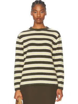 THE ELDER STATESMAN Sinful Stripe Crew Neck Sweater - Olive  White  & New Yellow
