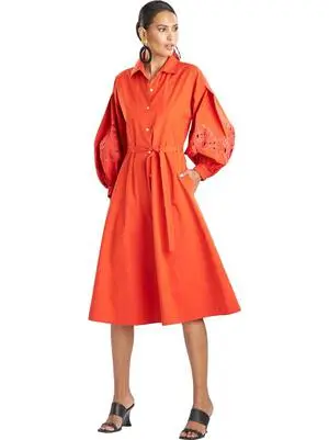 Natori Tech Cotton Taffeta Belted Shirt Dress With Embroidery - Orange