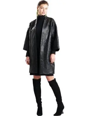 Natori Leticia Embroidered Faux Leather Kimono Coat - Black