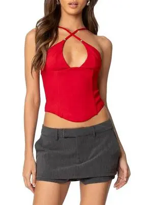 EDIKTED Lou Crossover Strap Corset Camisole - Red