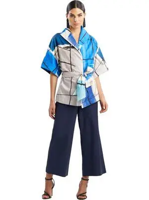 Natori Sorairo Printed Cotton Poplin Wrap Top - Blue/grey