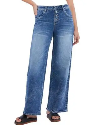 HINT OF BLU Zoe Exposed Button Wide Leg Jeans - Zoe Blue