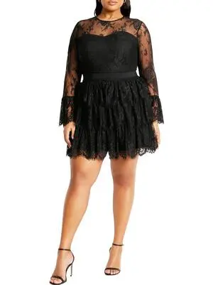 City Chic Logan Lace Overlay Long Sleeve Cocktail Dress - Black