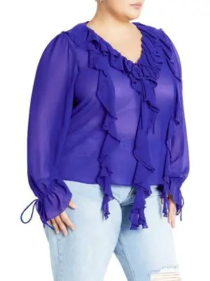 City Chic Felix Ruffle Long Sleeve Tiered Blouse - Cobalt