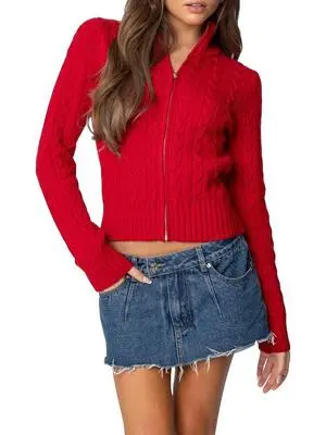 EDIKTED Ryn Cable Zip Sweater - Red