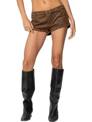 EDIKTED Studded Faux Leather Micro Shorts - Brown