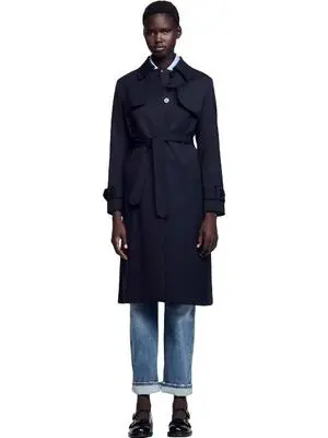 Sandro Trench Coat With Pleated Inset - Navy Blue