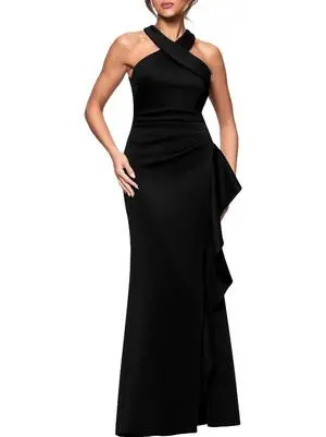 XSCAPE EVENINGS Ruffle Scuba Knit Gown - Black