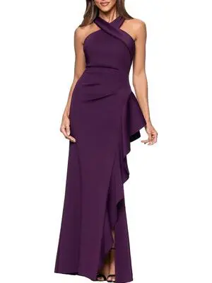 XSCAPE EVENINGS Ruffle Scuba Knit Gown - Plum