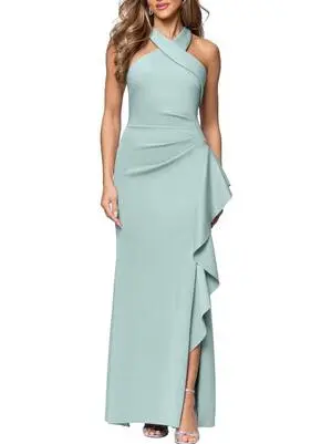 XSCAPE EVENINGS Ruffle Scuba Knit Gown - Sage