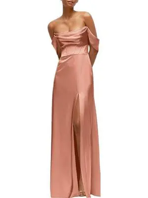 After Six Off The Shoulder Satin Charmeuse Gown - Copper Penny