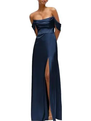 After Six After Six Off The Shoulder Satin Charmeuse Gown Midnight