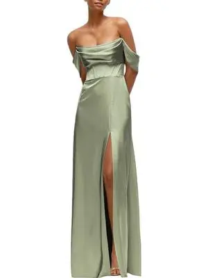 After Six Off The Shoulder Satin Charmeuse Gown - Sage