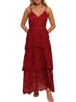 PETAL & PUP Elijah Lace Tulle Maxi Dress - Red