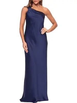 XSCAPE EVENINGS One-shoulder Satin Gown - Navy