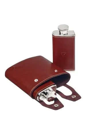 ASPINAL OF LONDON Double 6oz Leather Hip Flask In Smooth Cognac & Espresso Suede - Brown