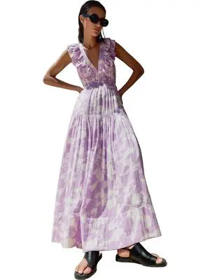 ME+EM Cheesecloth Tulip Print Maxi Dress - Soft White/sherbet Lilac