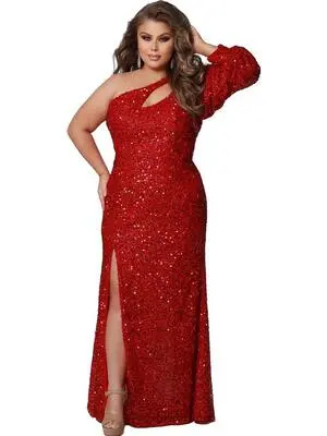 SYDNEY'S CLOSET Sydney's Closet One-Shoulder Sequin Plus Size Evening Gown Ruby