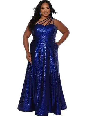 SYDNEY'S CLOSET Sydney's Closet Sequin One-Shoulder A-Line Gown Sapphire